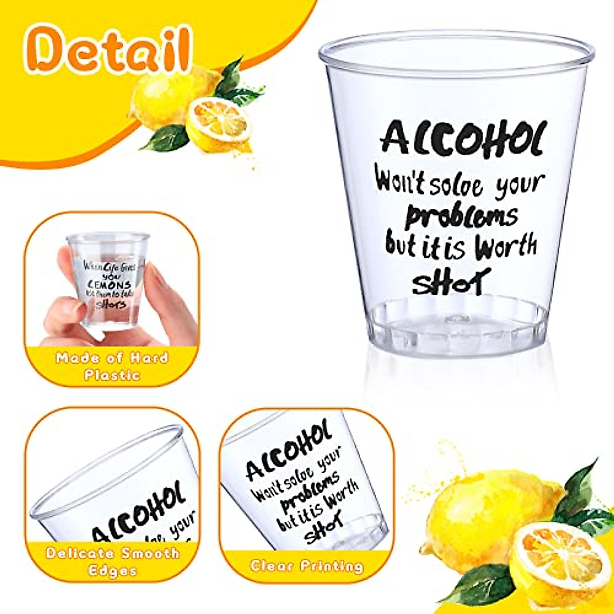 100 Pcs Plastic Shot Glasses 2 oz Disposable Cups Bulk Clear Plastic Sample Cups Transparent Small Tasting Cups Wine Whiskey Container Fun Design for Party Birthday Supplies Wedding, 4 Styles