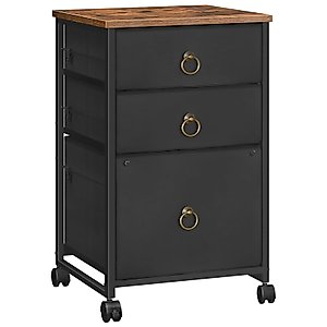 HOOBRO Mobile File Cabinet, Rolling Printer Stand with 3 Drawers, Fabric Vertical Filing Cabinet, Office Cabinet, Filing Cabinet for Home Office, A4/Letter-Sized, Rustic Brown and Black BFK30WJ01