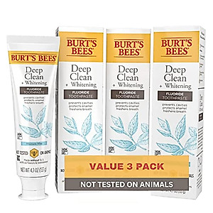Burt’s Bees Toothpaste, Natural Flavor, Fluoride Toothpaste Deep Clean + Whitening, Mountain Mint, 4.7 oz each , (Pack of 3)