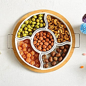 yarlung 10 Inch Ceramic Divided Serving Dishes with Bamboo Platter, Appetizer Tray 5 Removable Snacks Bowls for Candy and Nut, Chips and Dips, No Lid Included