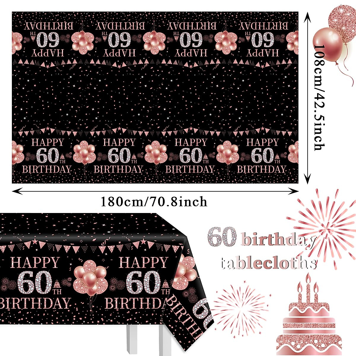 3Pcs Rose Gold 60th Birthday Tablecloths-Happy 60 Birthday Party Supplies for Women Rose Gold Disposable Rectangular Plastic Table Covers