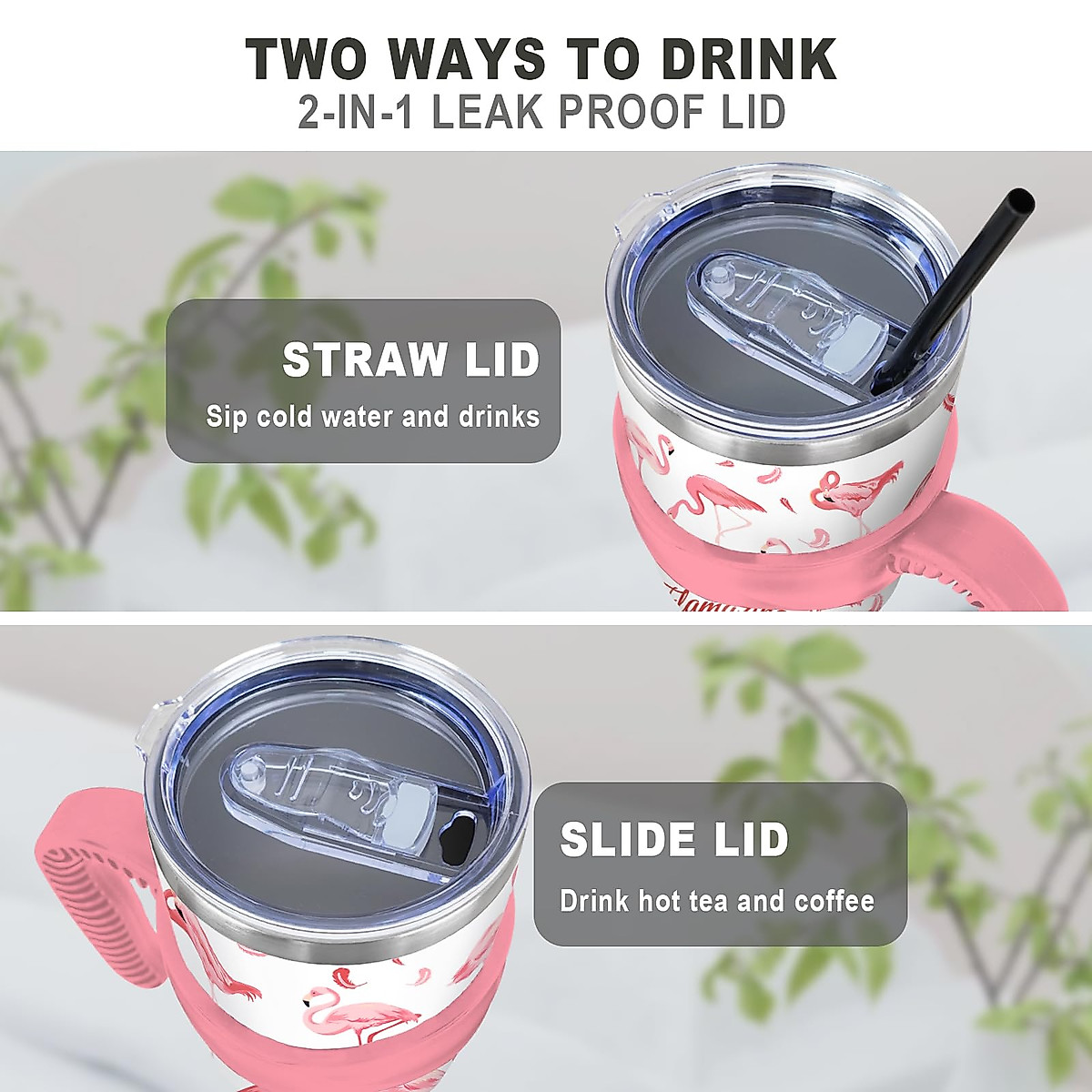 40 oz Tumbler with Handle and Straw 40 oz Flamingo Cup Insulated Stainless Steel Coffee Travel Mug Spill Proof Leak Proof Slim 40oz Tumbler with Handle Flamingo Decor Stuff Gifts for Women