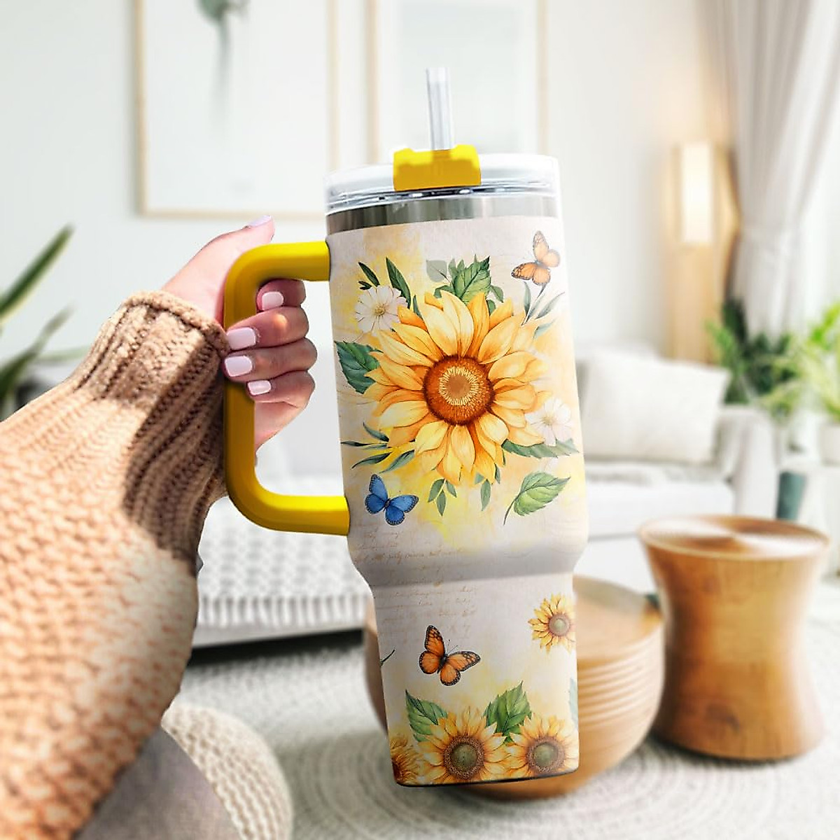 99OWL Yellow Women Flower Tumblers For Coffee Cups Floral Handle Butterfly, Tumbler 40 Oz With Handle Lid And Straw, Sunflower Inspirational, Sunflower Gifts