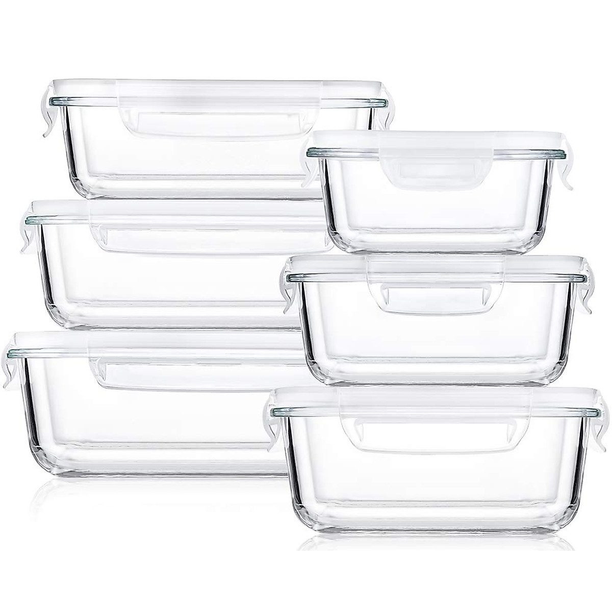 HOMBERKING Large Glass Food Storage Containers with Lids, [12 Piece] Glass Meal Prep Containers, Airtight Glass Bento Boxes, BPA Free & Leak Proof (6lids & 6Containers)(Square & Rectangle)- White