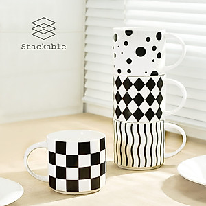 E-liu 14oz Ceramic Coffee Mug Set - 4 Patterns, Durable, Easy to Clean, Microwave & Dishwasher Safe, Perfect for Coffee, Tea, Hot Chocolate - Gift for Birthdays, Housewarming