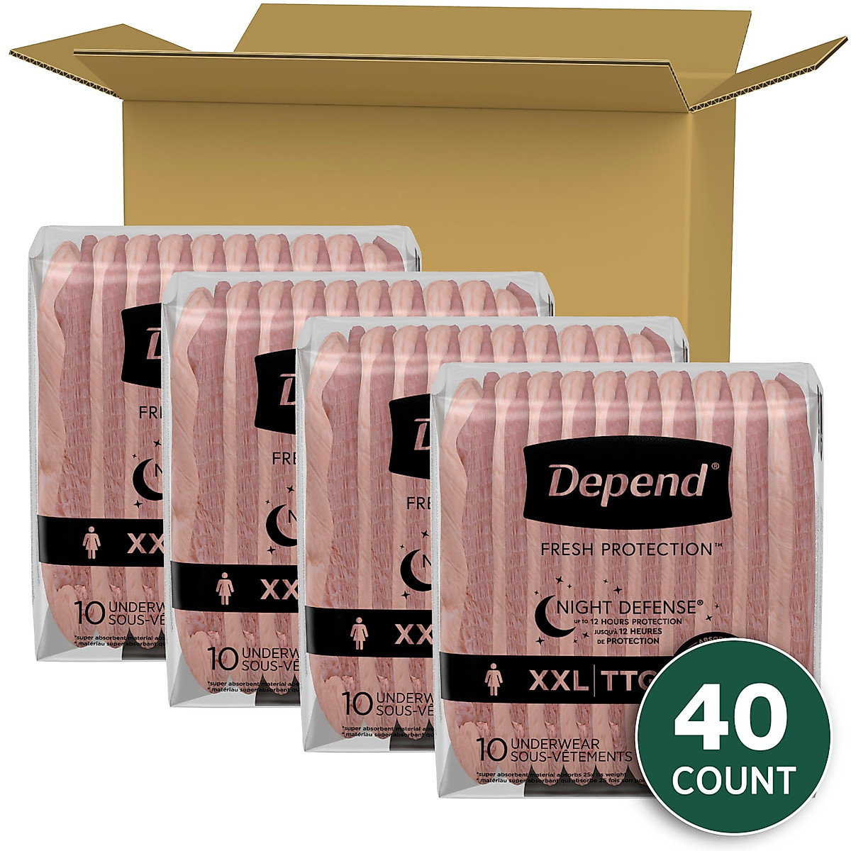 Depend Night Defense Adult Incontinence & Postpartum Bladder Leak Underwear for Women, Disposable, Overnight, Extra-Extra-Large, Blush, 40 Count (4 Packs of 10), Packaging May Vary