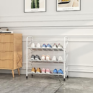 FKUO 3 Tier Shoe rack for closet Mesh fabric narrow Metal shoe racks, Small Shoe Storage Organizer Shelf for Entryway, Hallway, Dorm Room (White, Wider 3 Tier)