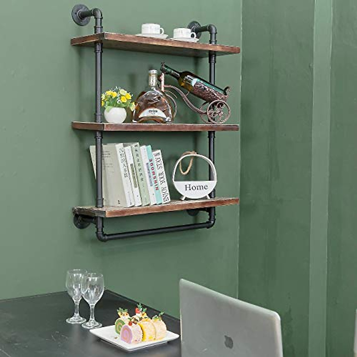 BIXIRAO Industrial Wall Mounted Iron Floating Pipe Shelves/Shelving/Racks/Storage/Bookcases/Brackets, DIY Open Bookshelves/Shelving for Kitchen/Office, Retro Black (3-Tier Floating Shelves)