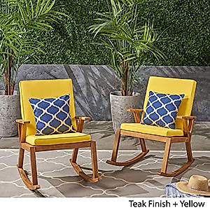 Champlain Outdoor Acacia Wood Rocking Chair with Water-Resistant Cushions (Set of 2), Teak and Yellow