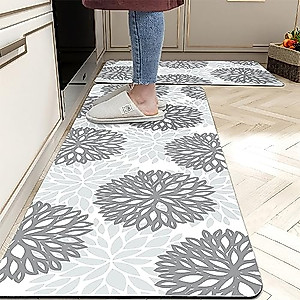 Gray Cushioned Anti Fatigue Kitchen Rugs Set of 2, Waterproof Non Slip, PVC Leather Memory Foam, 17.3''x 28''+17.3'' x 47''