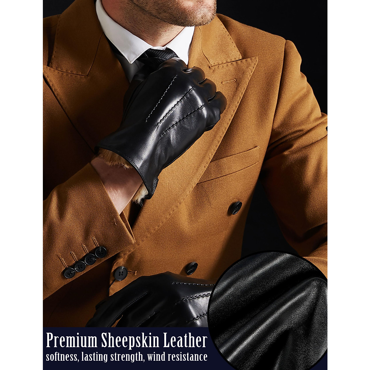 OCXMME Super Warm Rabbit Fur Mens Leather Gloves for Men Winter Touchscreen Texting Driving Gloves Black Medium