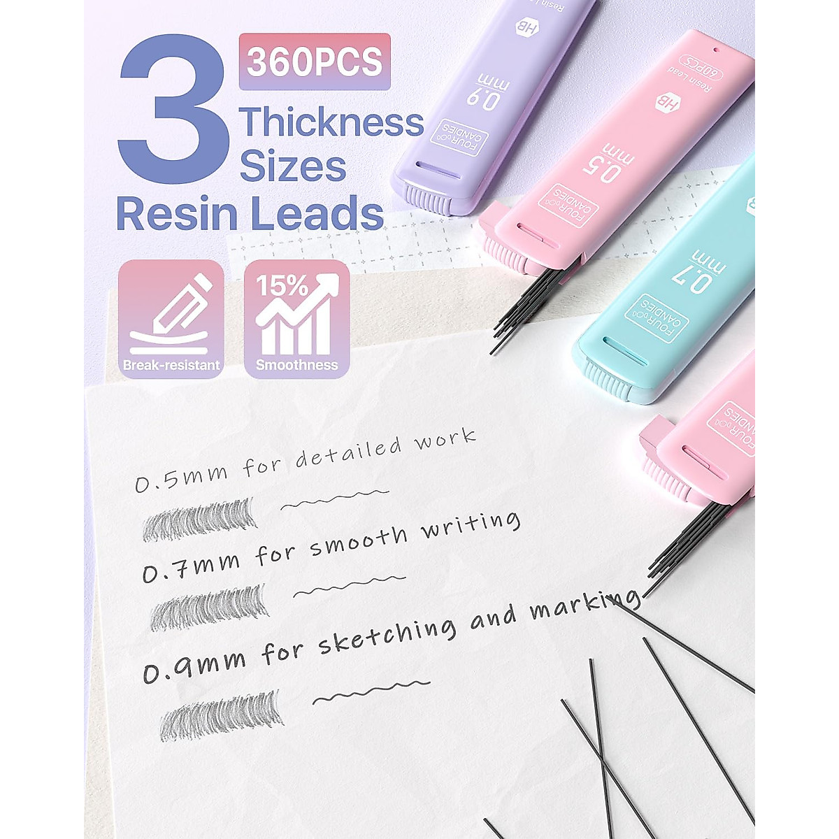 Four Candies Cute Mechanical Pencil Set 0.5 mm & 0.7mm & 0.9mm, with HB #2 Lead Refills, Pastel Erasers & Eraser Refills, 16-Count Pack, Aesthetic School Supplies for Writing, Drawing and Sketching
