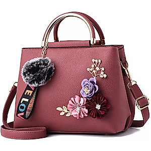 Dayfine Women Purse Top Handle Handbags PU Leather 3D Floral Inlay Satchel Bag Shoulder Crossbody Bags Ladise Medium Tote Bag with Hair Ball Pendant-Pink
