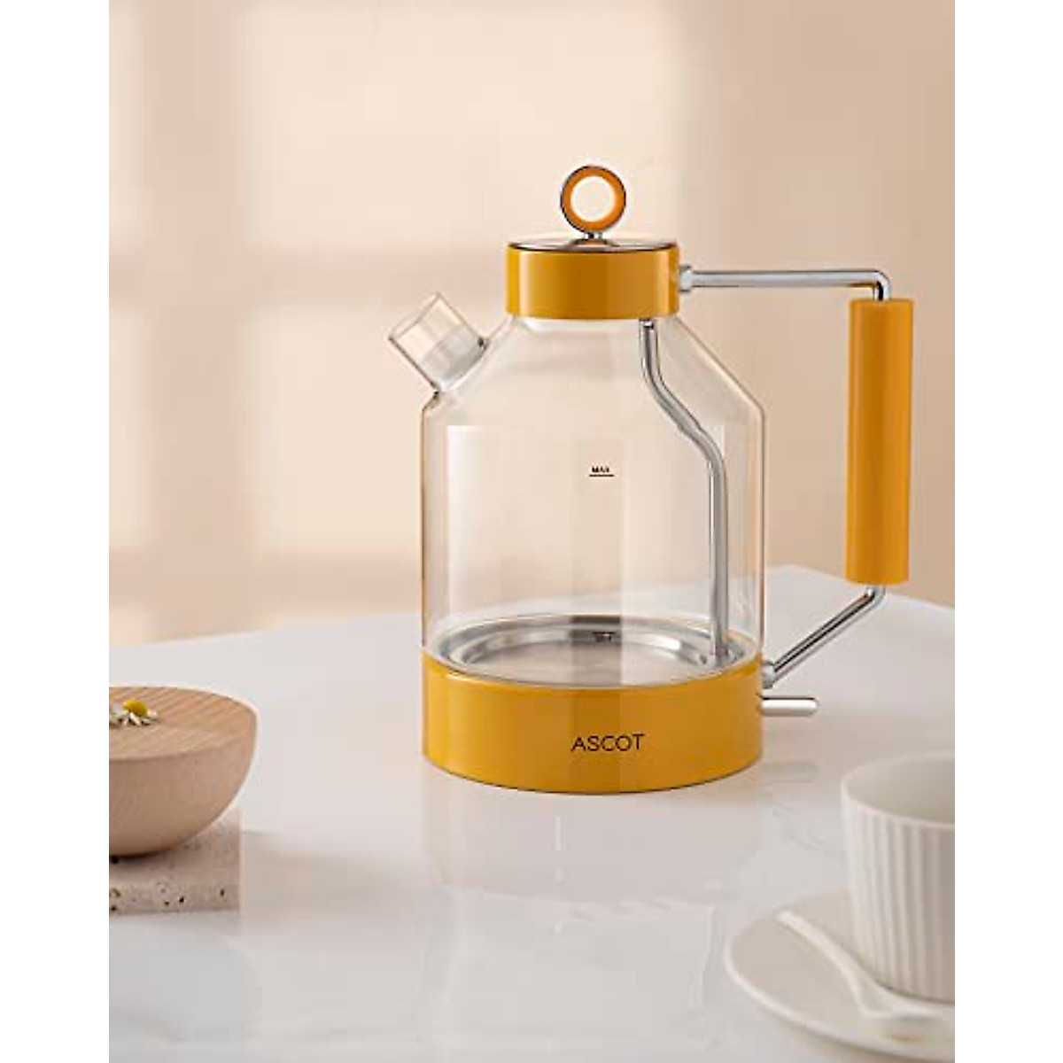 ASCOT Electric Kettle, Glass Electric Tea Kettle Gifts for Men/Women/Family 1.6L 1500W Borosilicate Glass Tea Heater, with Auto Shut-Off and Boil-Dry Protection （Yellow)
