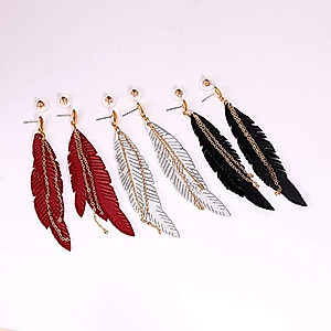 NVENF Feather Tassel Dangle Earrings for Women Bohemian Faux Leather Plume Gold-tone Metal Chain Fringe Statement Drop Earrings Vintage Ethnic Style Jewelry (Black)