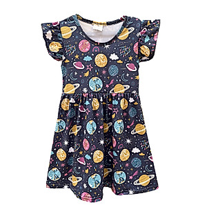 nebljgo Little Girls Dress Flutter Sleeve Toddler Baby Girl Sundress Summer Apparel Space Planets Pearl Dress (6/7T) White