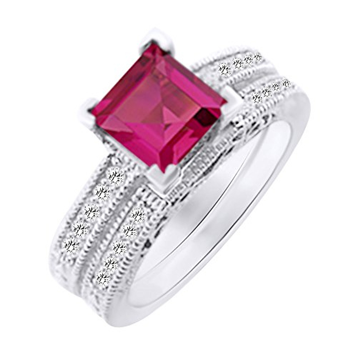 AFFY 2 cttw Simulated Pink Sapphire & White Natural Diamond Engagement Wedding Ring Set in 14k White Gold with Ring Size 8.5