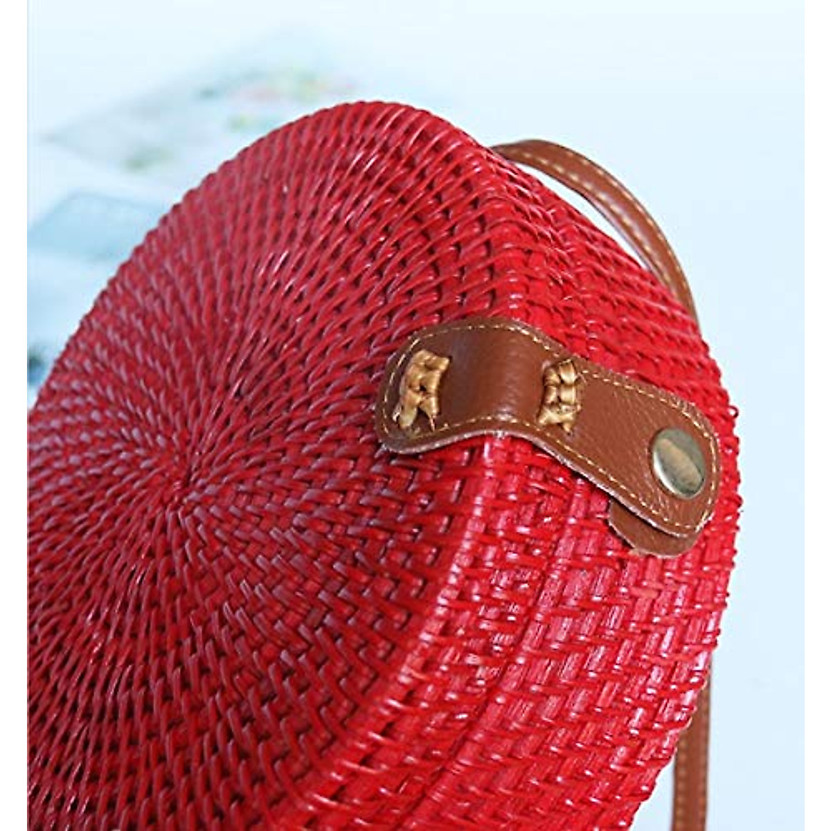 Handwoven Red Round Rattan Tote Crossbody Beach Style Circle Bag Wicker Purse