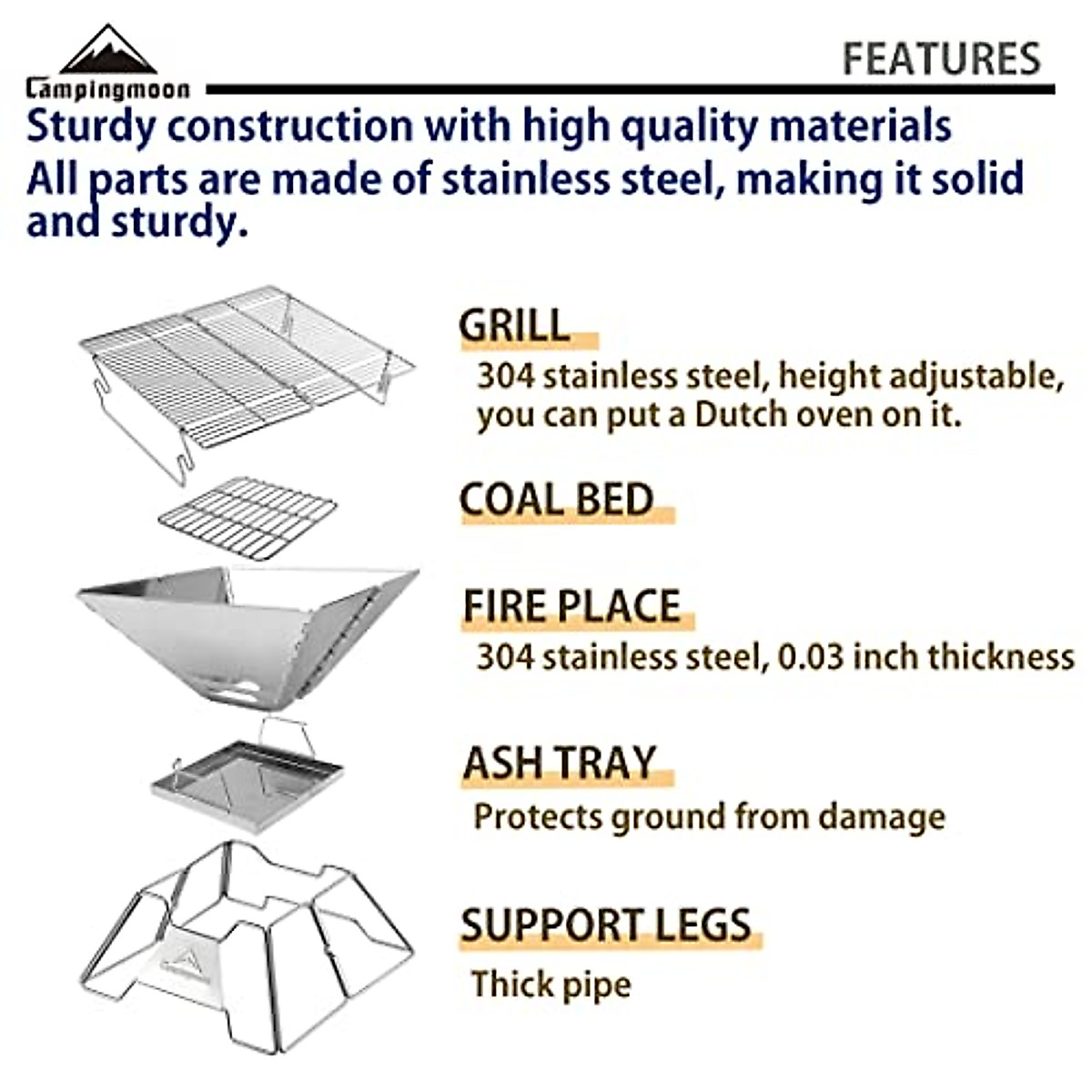 CAMPINGMOON Stainless Steel Portable Camping Grill & 8pcs of 13.8-inch Long Double Prong BBQ Skewers MT-2+MK-8