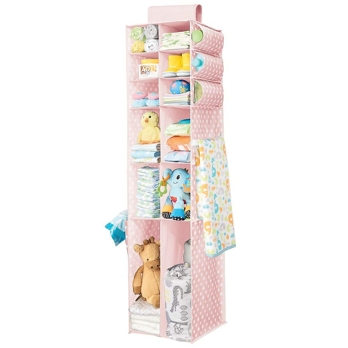 mDesign Long Fabric Hanging Organizer - Over Closet Rod Storage with 12 Shelves and Side Pockets for Baby Nursery Bedroom Organization - Hold Clothes, Linens, Toys, Accessories - Pink/White Polka Dot