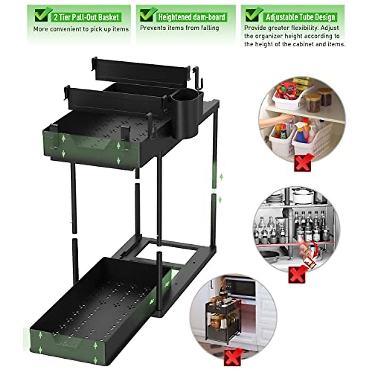 Mastom Under Sink Organizer, 2 Tier Sliding Cabinet Organizer Drawer, Adjustable Height Pull Out Cabinet Organizer with Hooks, Hanging Cup, Dividers, Under Sink Storage for Kitchen Bathroom, Black