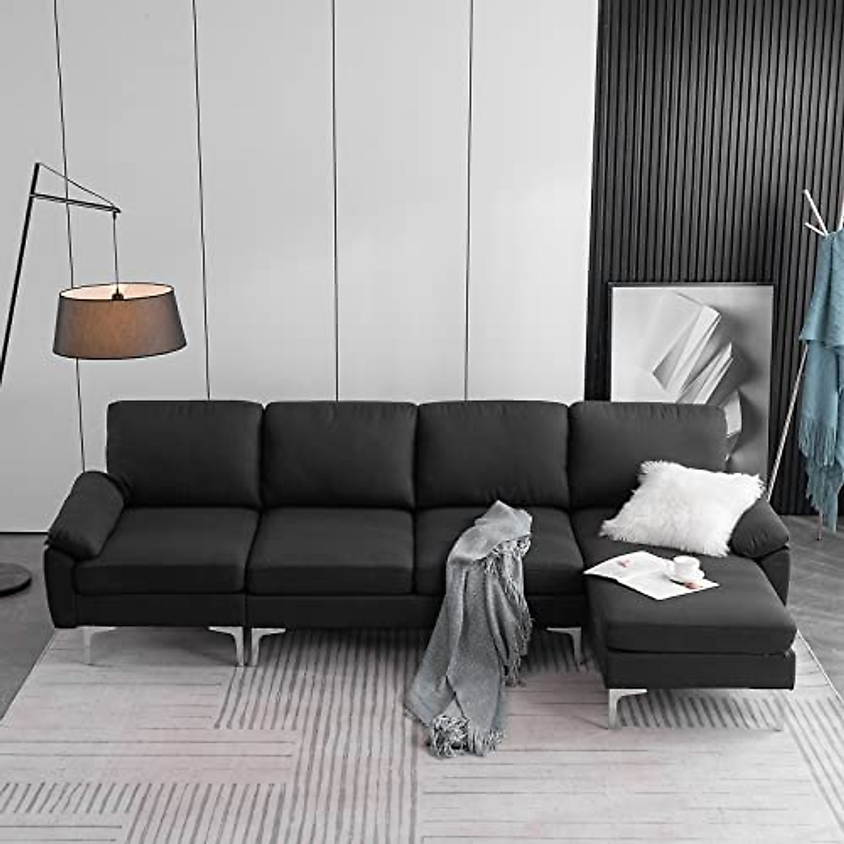 Karl home Convertible Sectional Sofa 110" L-Shape Sofa Couch 4-Seat Couch with Chaise Fabric Upholstered for Living Room, Apartment, Office, Black