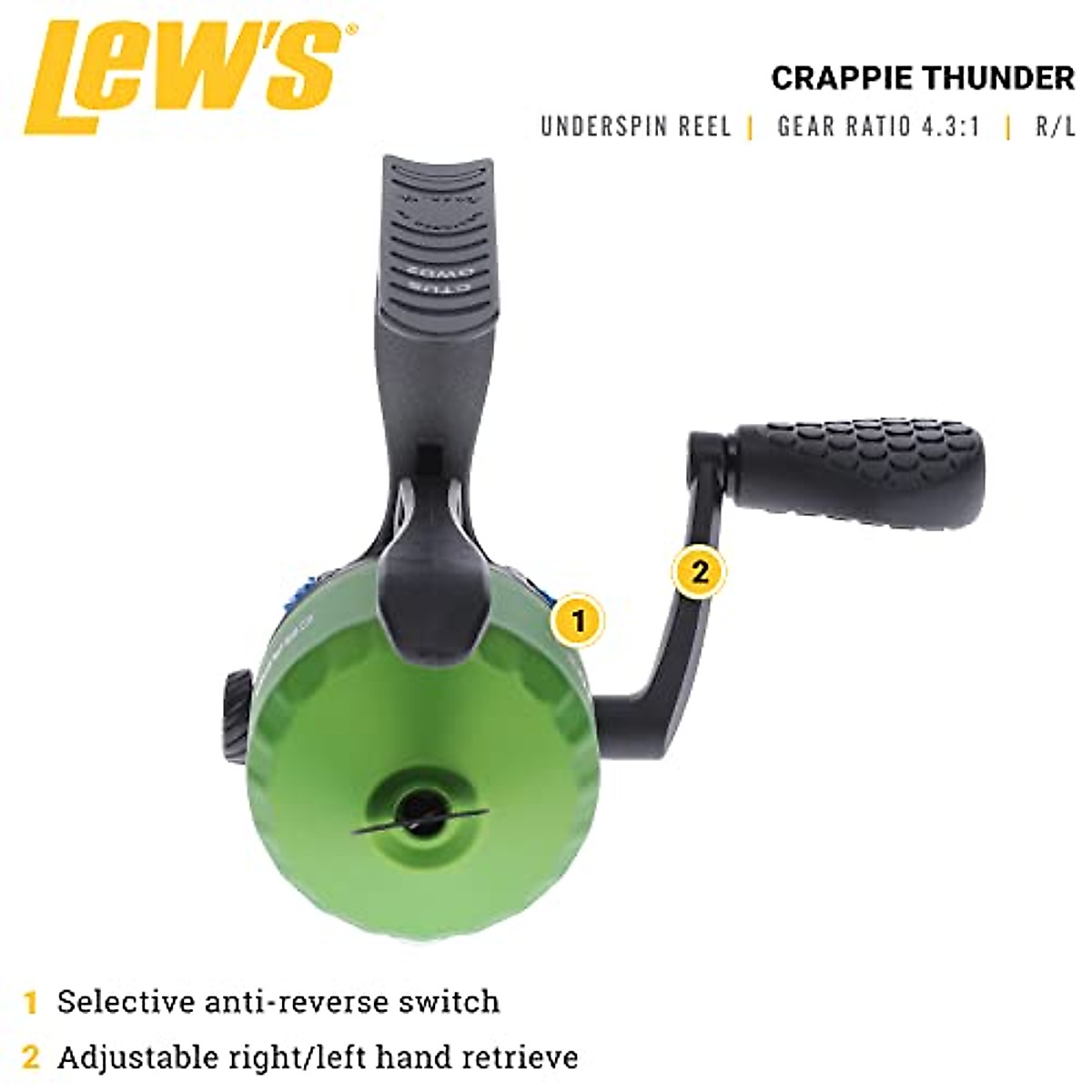 Lew's Crappie Thunder Underspin Fishing Reel, 4.3:1 Gear Ratio, Right or Left-Hand Retrieve, Crappie Thunder Green