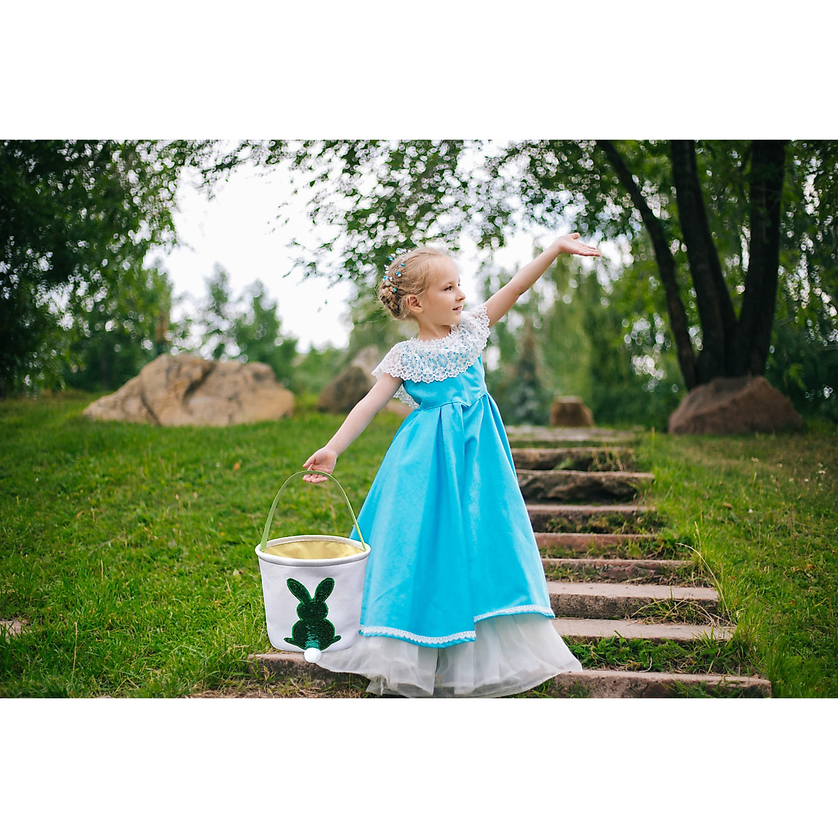 Jolly Jon Easter Bunny Basket Bag - Green to Silver Sequin Colors - Kids Easter Egg Hunt Baskets - Color Changing Reusable Party Bags - Rabbit with Cotton Tail Canvas Tote