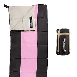 Lightweight Kids Sleeping Bag - Carrying Bag with Compression Straps Included - for Camping, Backpacking, Sleepovers by Wakeman Outdoors (Pink/Black)