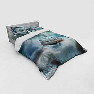 Ambesonne Ocean Bedding Set, Majestic Nautical Sealife and Pirate Boat Ship on a Wavy Deep Sea Art Print, 4 Piece Duvet Cover Set with Shams and Fitted Sheet, Queen Size, Blue Grey and White