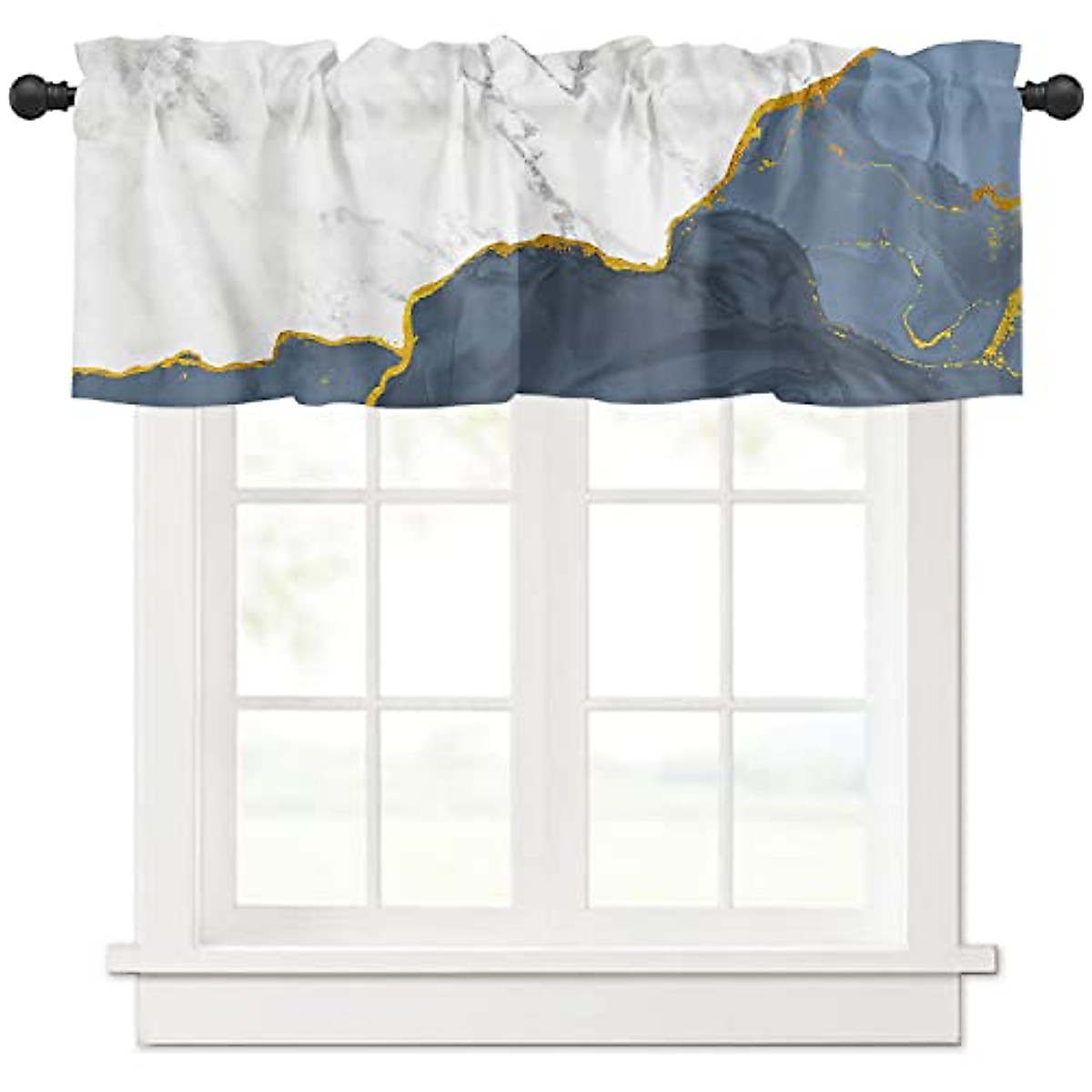 Marble Blue Haze Valance Curtains for Living Room/Bedroom/Bathroom/Kitchen Window,Rod Pocket Window Valance Tiers Small Curtain Drape Treatment,Modern Abstract Gold White Gray Panel Valance 60"x18"