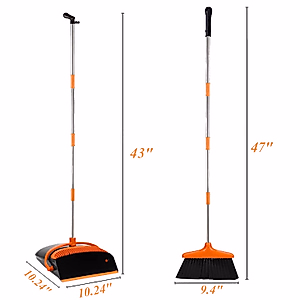 Broom and Dustpan Set - Upright Dustpan and Broom Combo Set - Self Cleaning with Dustpan Teeth Standing Dust Pan for Home Kitchen Easy Assembly, Orange