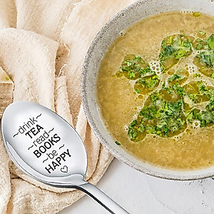 Tea Book Lovers Gifts Spoon for Women Men Drink Tea Read Books Be Happy Spoons for Tea Lover Book Reader Friendship Gifts for Girls Boys Graduation Birthday Gift for Family Student Friend Teaspoon