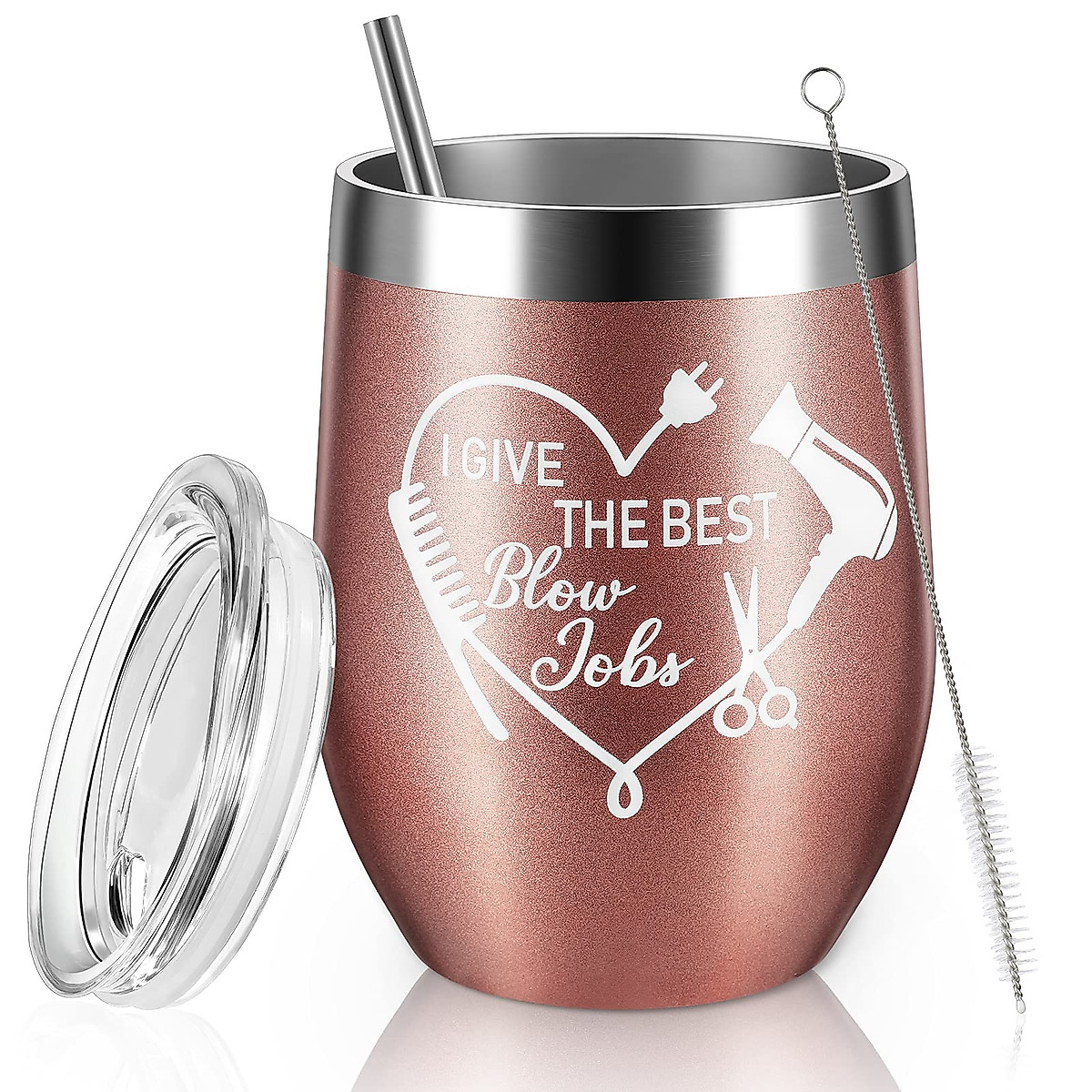 I Give the Best Jobs Wine Tumbler, Hairdresser Barber Unique Cosmetology Hairstylist Funny Gift for Women Sisters Friend Rose Gold Stainless Steel Wine Tumbler with Lid Straw 12 oz
