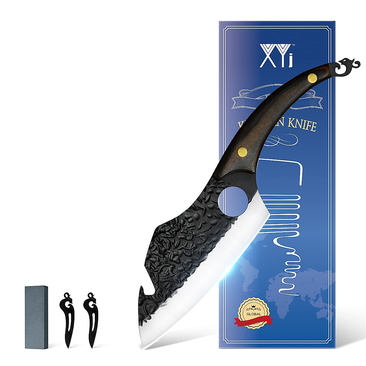 XYJ 6.5 Inch Butcher Boning Knife With Bottle Opener - Professional Kitchen And Outdoor Meat Cutting Knife Full Tang Stainless Steel Finger Hole Blade With Rosefinch Design Wood Handle Gift Box