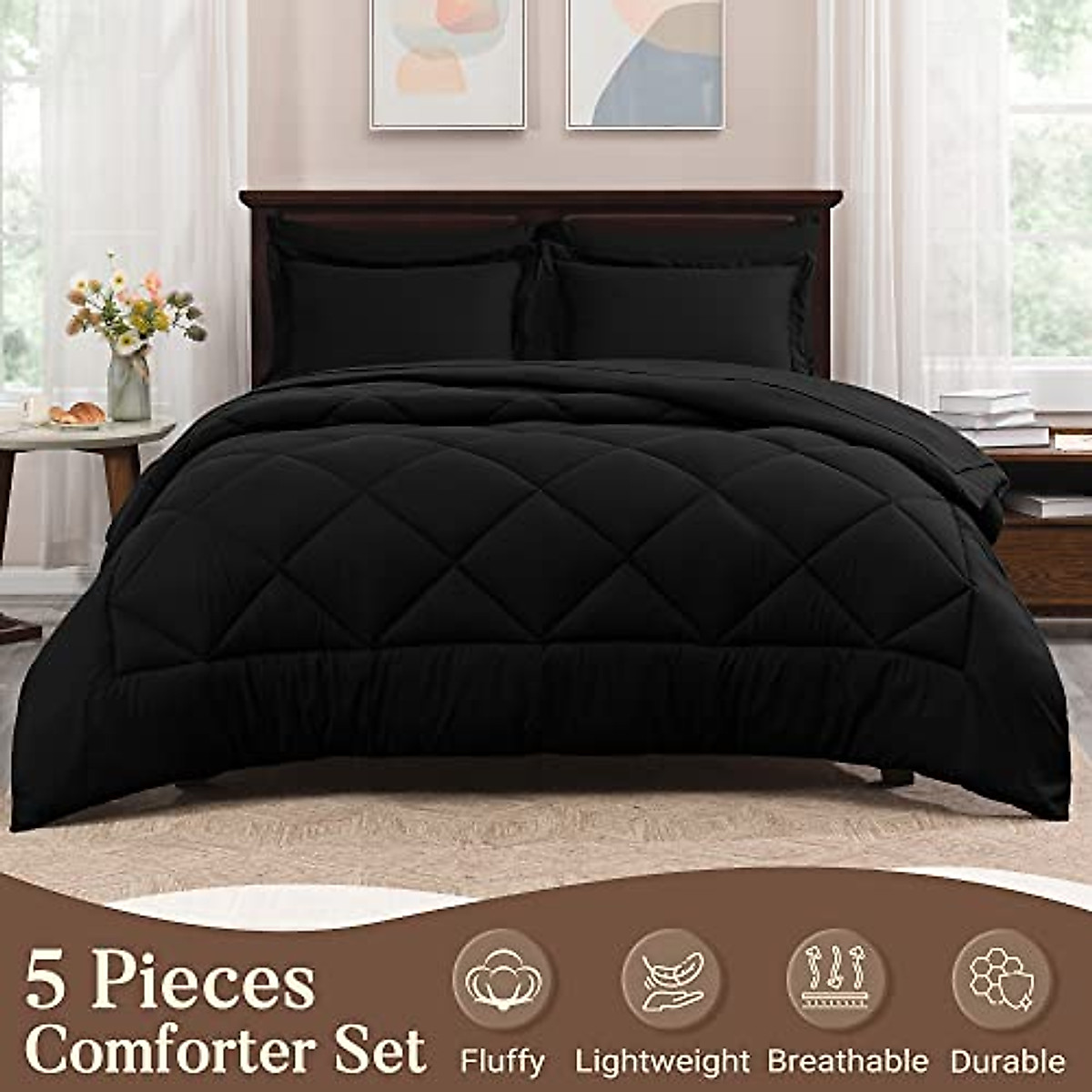 Basic Beyond Twin Bed in a Bag Comforter Set with Sheets - 5 Pieces Twin Comforter Set Black Bedding Sets with Comforter, Flat Sheet, Fitted Sheet, Pillowcase & Sham