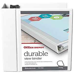 Office Depot® Brand Durable View D-Ring Binder, 5" Rings, 39% Recycled, White
