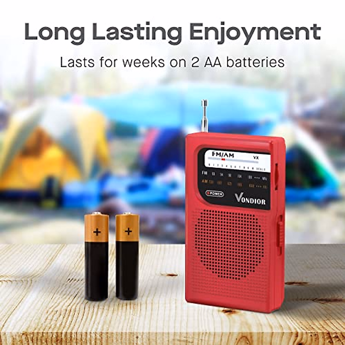 AM FM Battery Operated Portable Pocket Radio - Best Reception and Longest Lasting. AM FM Compact Transistor Radios Player Operated by 2 AA Battery, Mono Headphone Socket, by Vondior (Red)