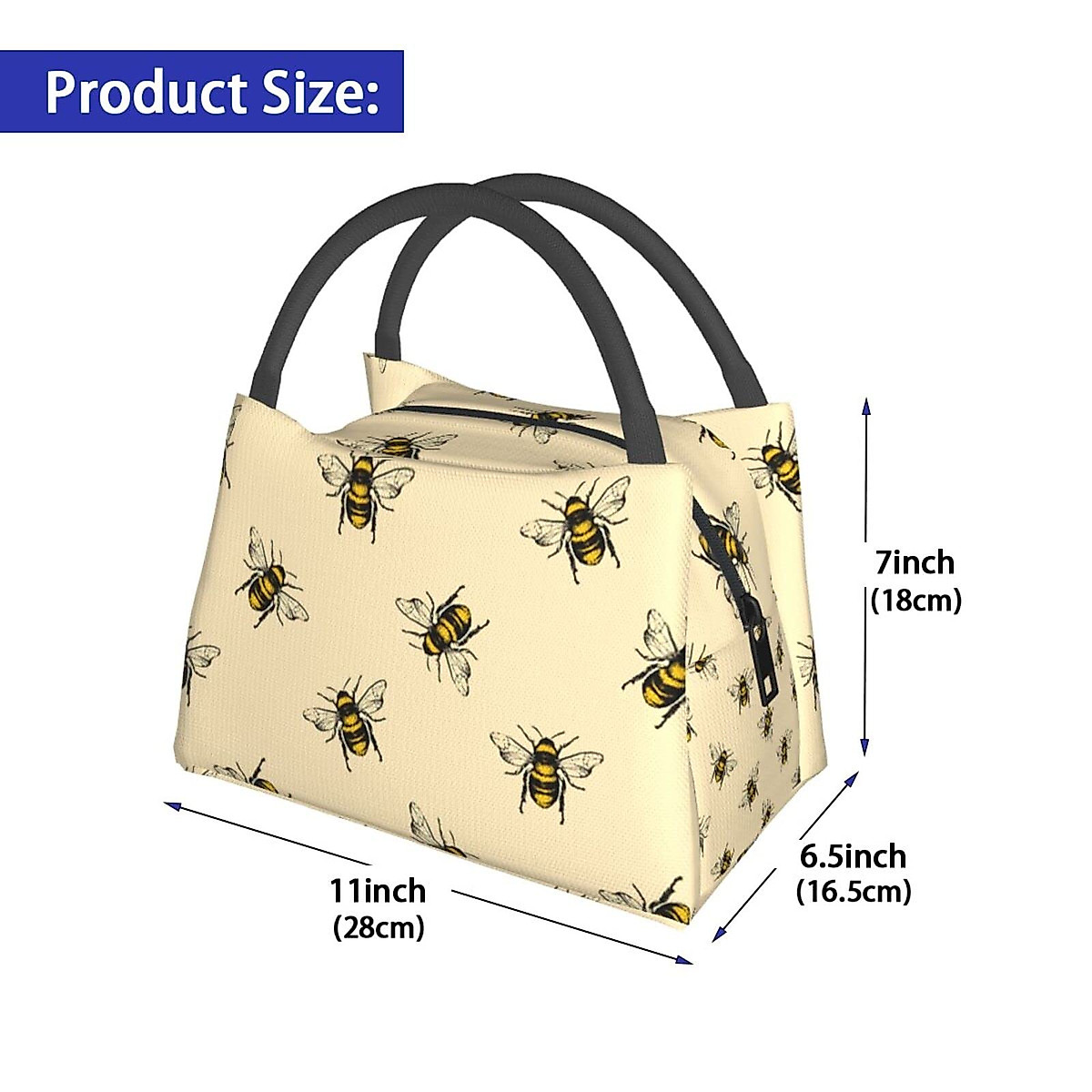 MANQINF Cute Bee Lunch Bag Lunch Box Large Capacity Bee Insulated Lunch Box Tote Reusable Cute Lunch Box