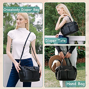 MOMINSIDE Small Diaper Bag Tote, Mini Diaper Bag Purse with 13 Pockets, Leather Crossbody Diaper Bag, Diaper Clutch Organizers,2 Insulated Pockets(Black)