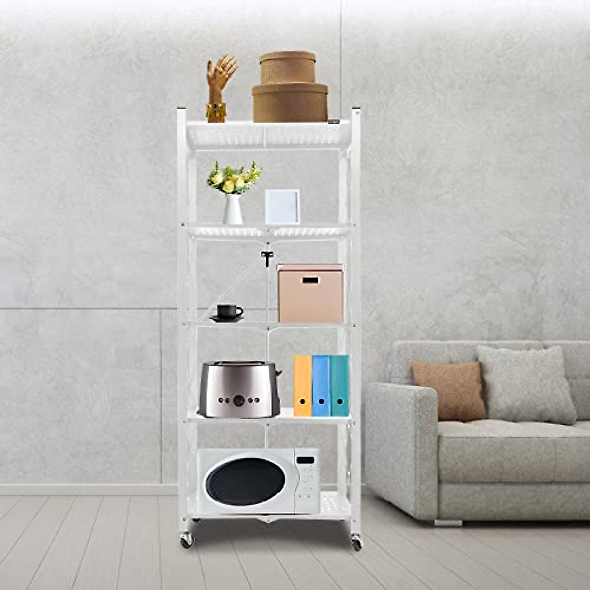 ALANNG 5 Tier Storage Shelves Heavy Duty on Wheels, Foldable Metal Shelving Units 11.1" D x 24.2" W x 59" H for Garage Kitchen Bakers, No Assembly Organizer Rack White