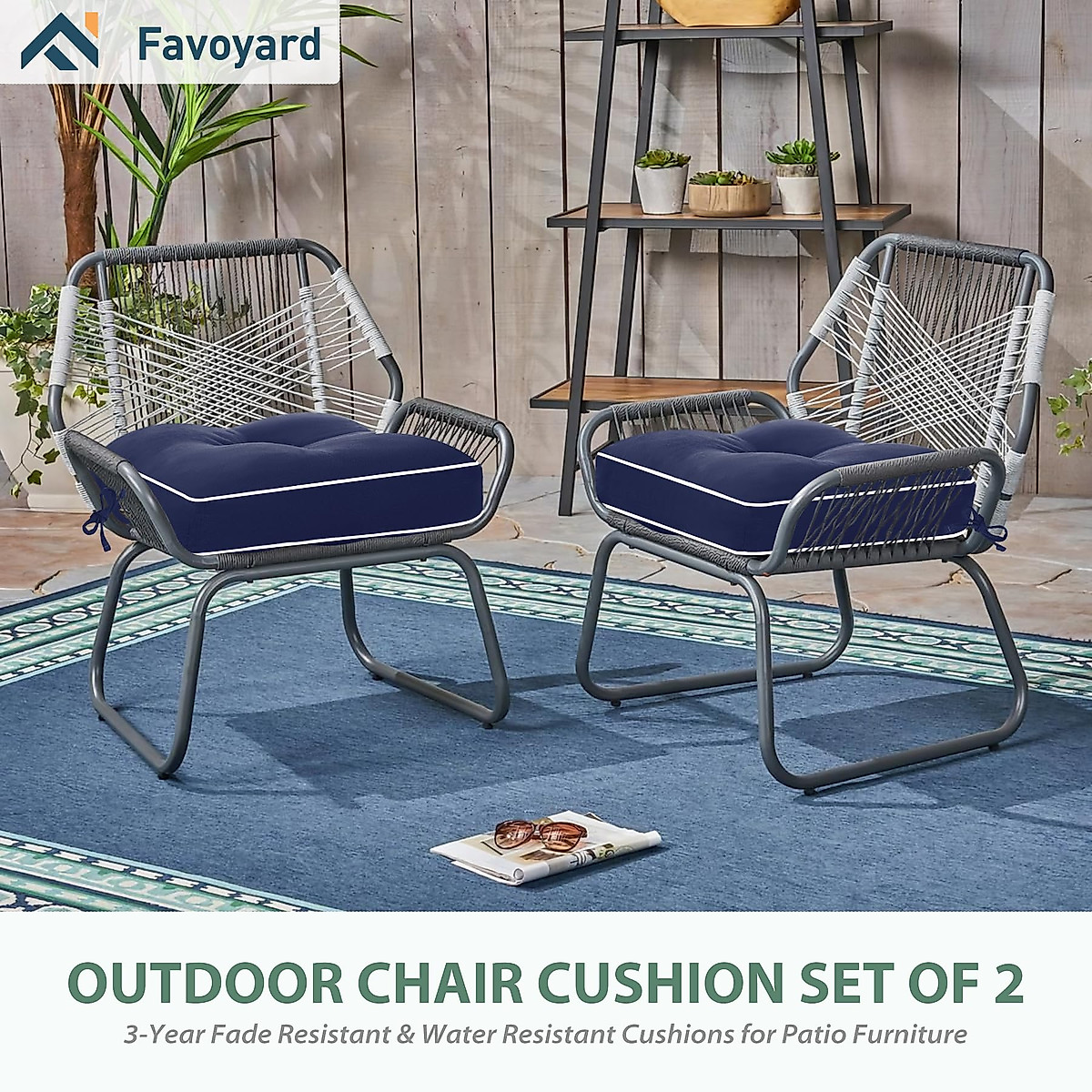 Favoyard Patio Chair Cushions 19 × 19 Inch Water Resistant & 3-Year Color Fastness Outdoor Chairs Cushion for Seat Dining Rocking Wicker Chair Cushion with Tie Straps Tufted Square Pads, Blue, 2 Pack