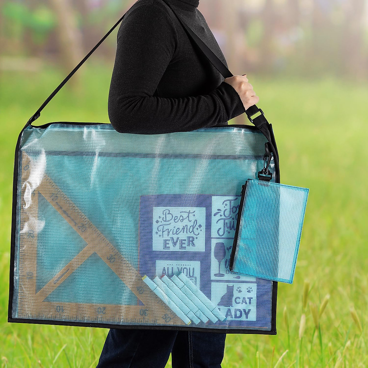 BERYA 2 Pcs Art Portfolio Bag, 19x25 Inches Artwork Storage Case with Handle and Zipper, Large Clear Waterproof Poster Storage Bag for Posters Artwork Bulletin Board (Yellow and Blue)