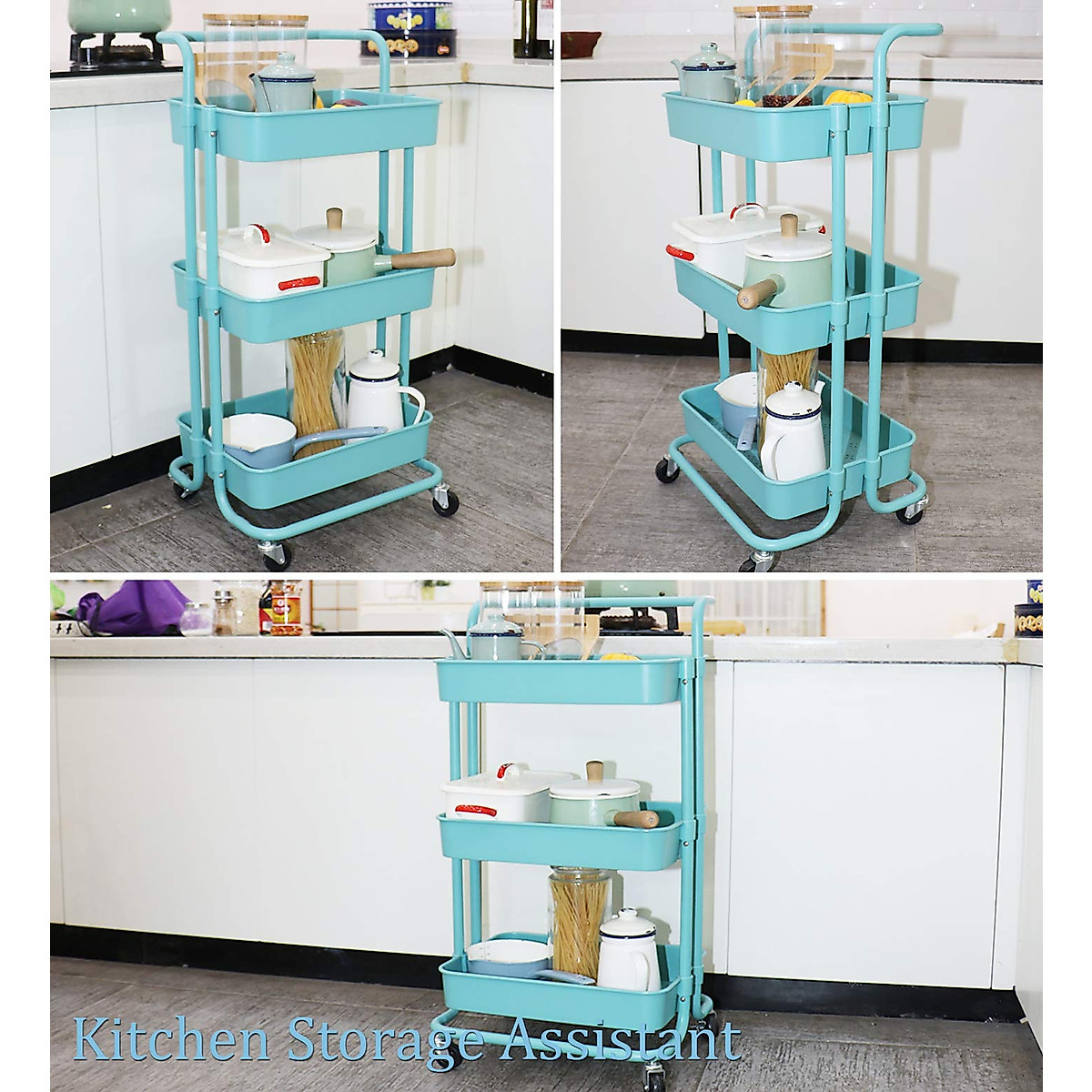 Piowio 3 Tier Utility Rolling Cart Multifunction Organizer Shelf Storage Cart with 3 Piece Cups and 8 Piece Hooks for Home Kitchen Bathroom Laundry Room Office Store etc. (Blue)