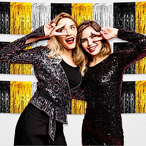 3 Pack 10 Long Black Gold Silver Metallic Foil Fringe Garland Wall Hanging Tassle Banner, Bridal Shower, Valentine's Day， Parade Floats, Birthday, Theme party, New Year Party Decorations