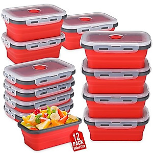 Mifoci 12 Pack Collapsible Bowls Bulk with Leak Proof Lids 17oz Rectangle Silicone Food Storage Containers Stack Food Container for Camping Kitchen, Microwave Dishwasher Freezer Safe (Grey Edge Red)