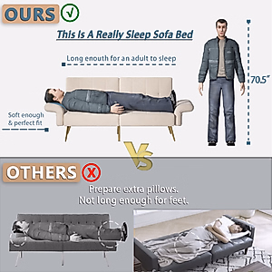 FCNEHLM 77.5” Futon Sofa Bed, Velvet Sofa Bed Futon Convertible Italian Velvet Futon Couch with Foldable Armrests and Adjustable Backrests with Magazine Bags, Sleeper Sofa Bed for Living Room, Beige