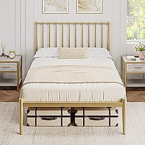 Amyove Gold Bed Frame Full Size Bed Frame with Modern Headboard, Platform Bed 14 Inches Metal Mattress Foundation for Storage, No Box Spring Needed, Easy Assembly, Gold
