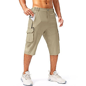 Pudolla Men's Capri Pants Quick Dry 3/4 Long Shorts with 6 Pockets for Workout Athletic Golf Hiking(Khaki Large)