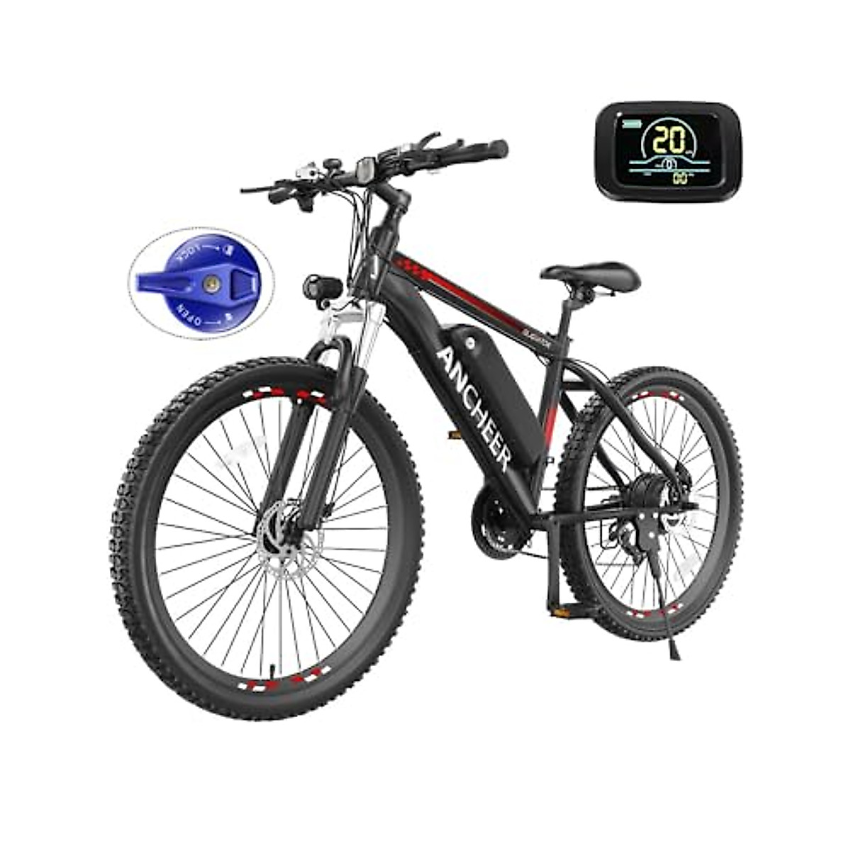 ANCHEER 500W Electric Bike 26'' Gladiator Electric Mountain Bike, 48V 10.4Ah Removable Battery, Up to 50 Miles, 3.5H Fast Charge, Cruise Control, Lockable Suspension Fork, 21Speed Ebike for Adults